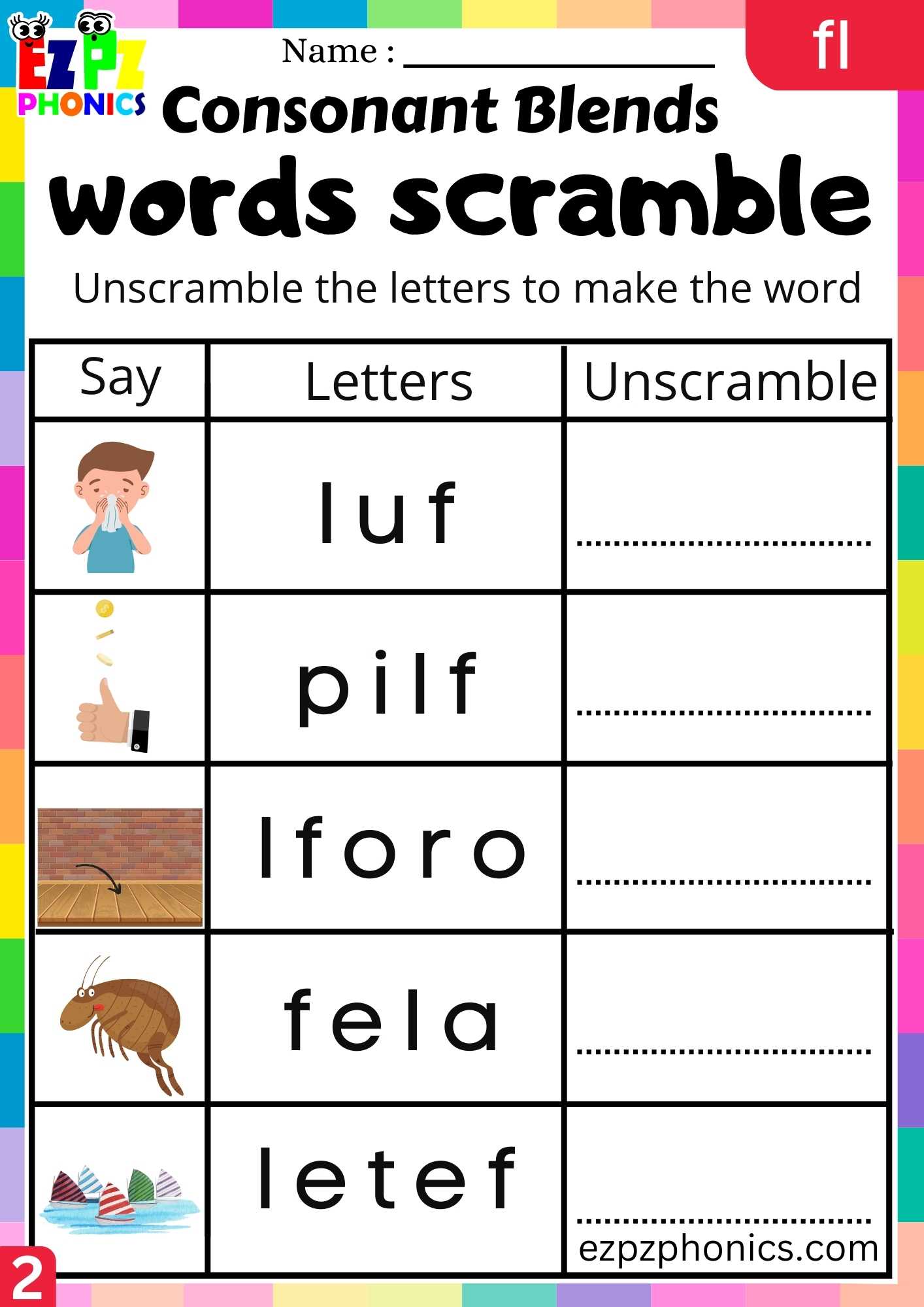 Group2 Fl Words Words Scramble Phonics Consonant Blends Worksheet